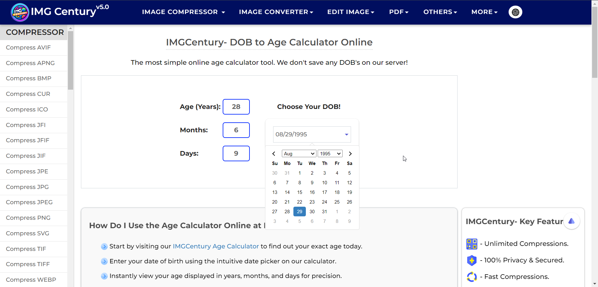 Age Calculator Online: DOB to Age (Years Months, Dates)- IMGCentury.COM